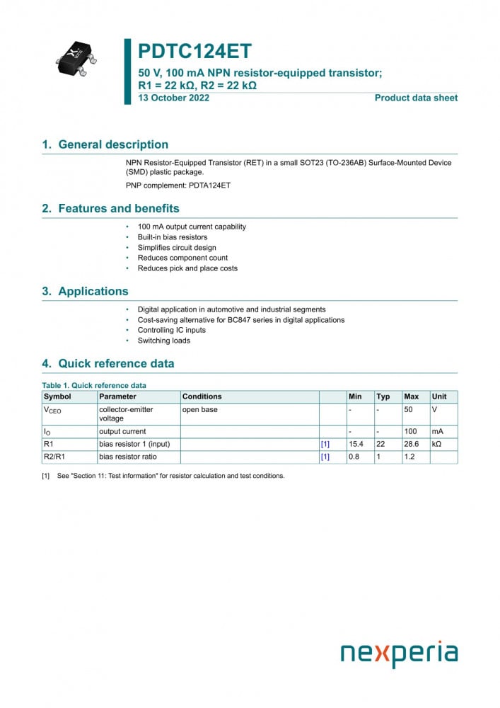 PDTC124ET datasheet page 1