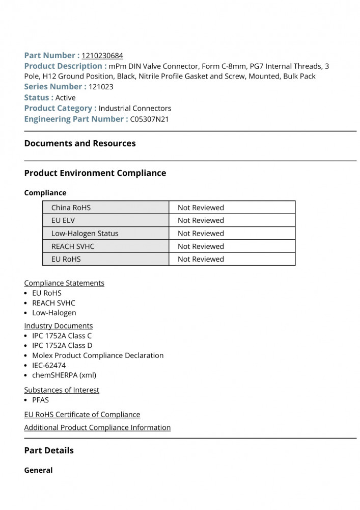 Molex DIN Series C05 packaging specification, page image 1