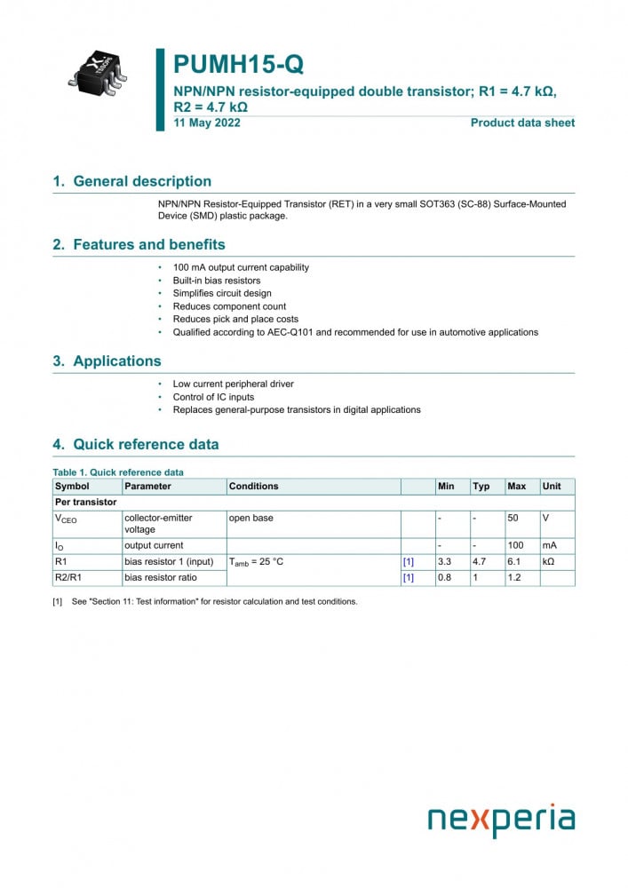 PUMH15-QX datasheet page 1