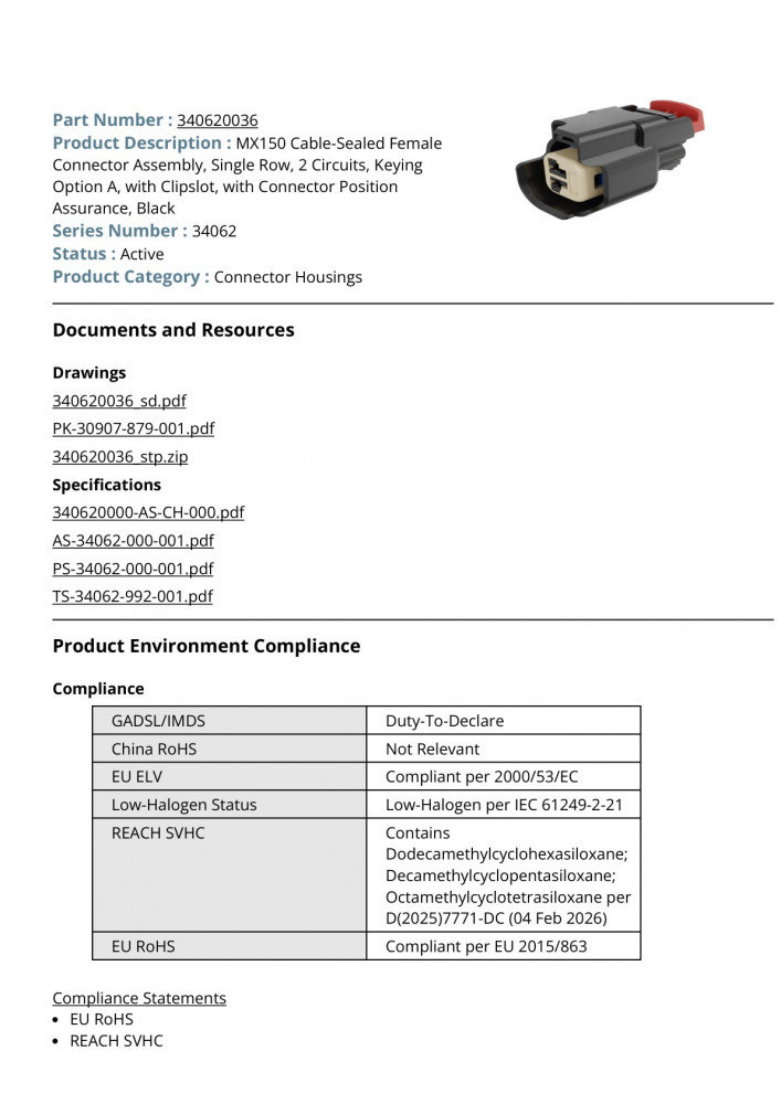 MOLEX 340620036 product document preview, page 1
