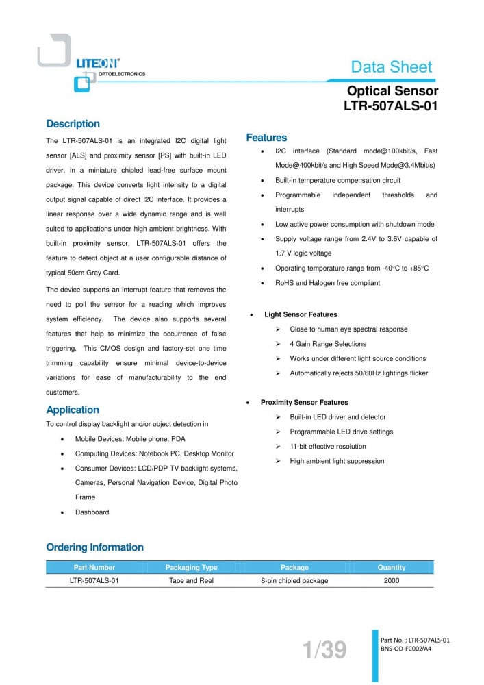 LTR-507ALS-01 datasheet page 2