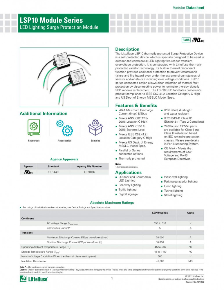 Littelfuse LSP10 datasheet page 1