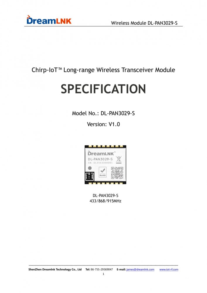 DL-PAN3029-S datasheet page 1