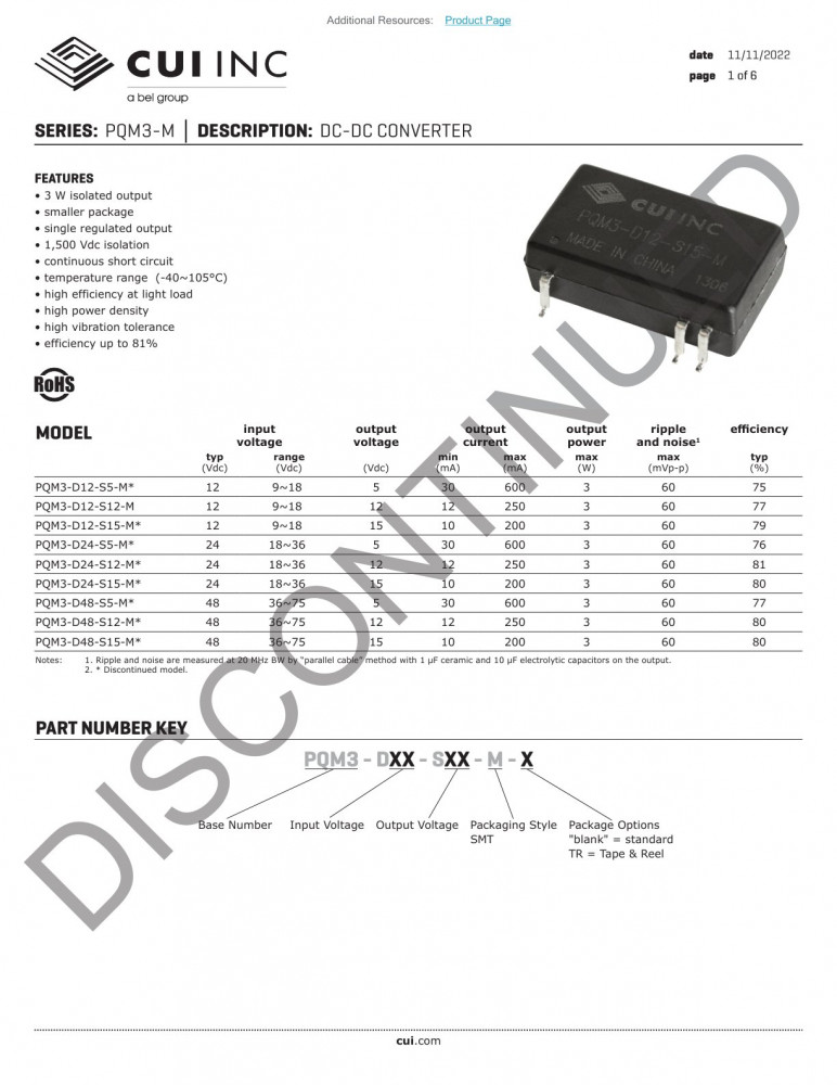 CUI PQM3-M datasheet page 1
