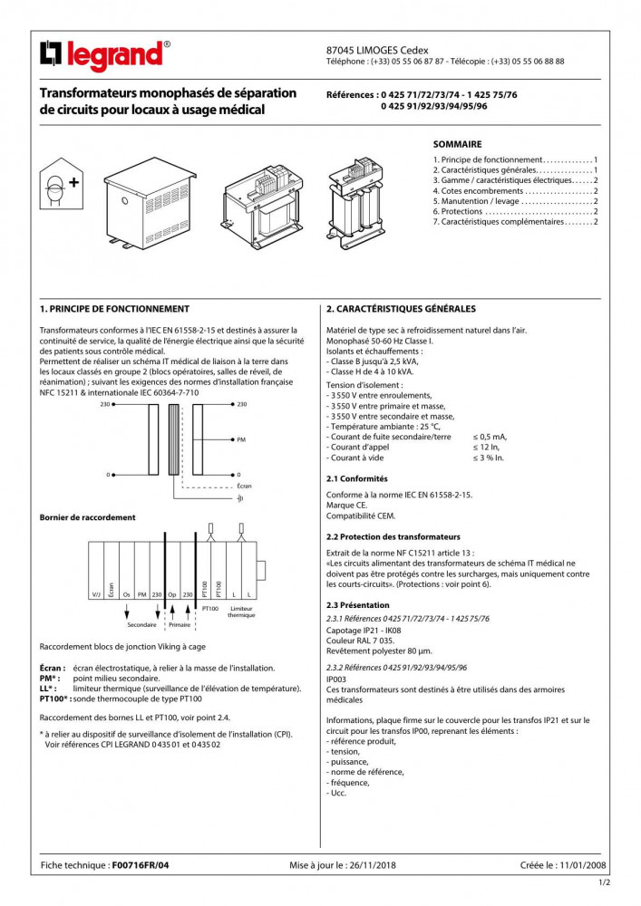 Legrand medical isolation transformer technical document, page 1