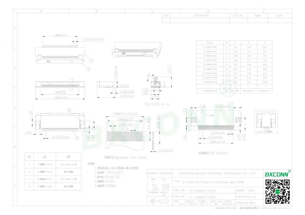 BXCONN FC-05A60P11H20 technical drawing page 1