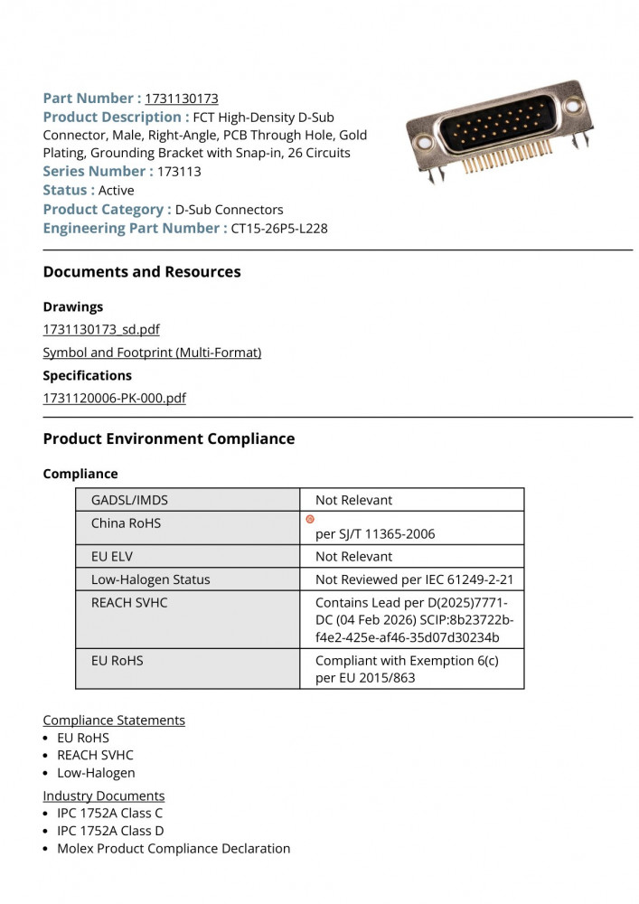 MOLEX 1731130173 technical document image, page 1