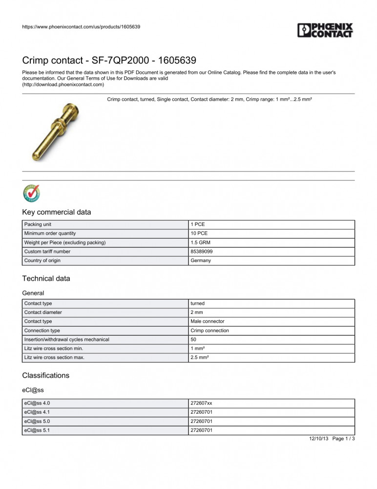 Phoenix Contact 1605639 product documentation page 1