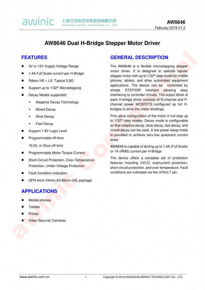 AW8646QNR datasheet page 1