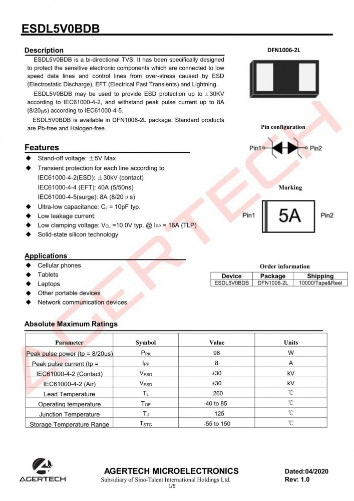 ESDL5V0BDB datasheet page 1
