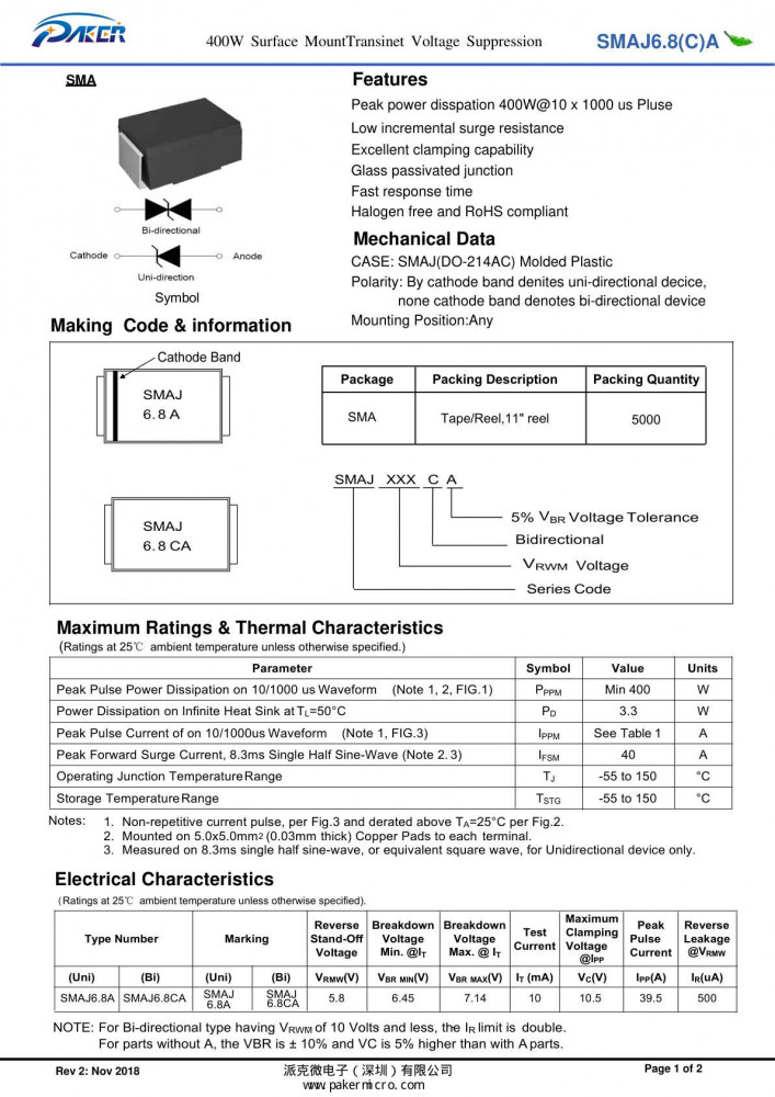 PAKER SMAJ6.8CA datasheet page 1