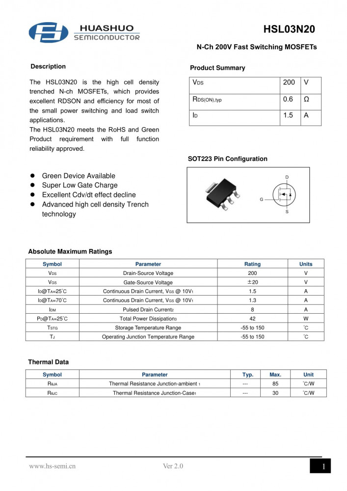 HSL03N20 datasheet page 1