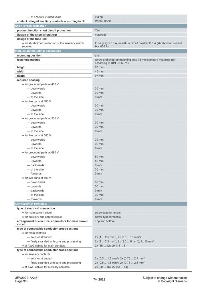 3RV20211AA15 datasheet page 3