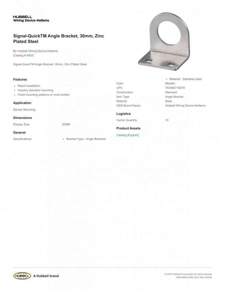 AB30 Signal-Quick angle bracket product document image