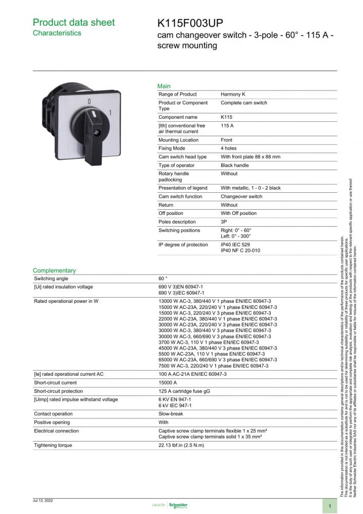 K115F003UP technical document page 1