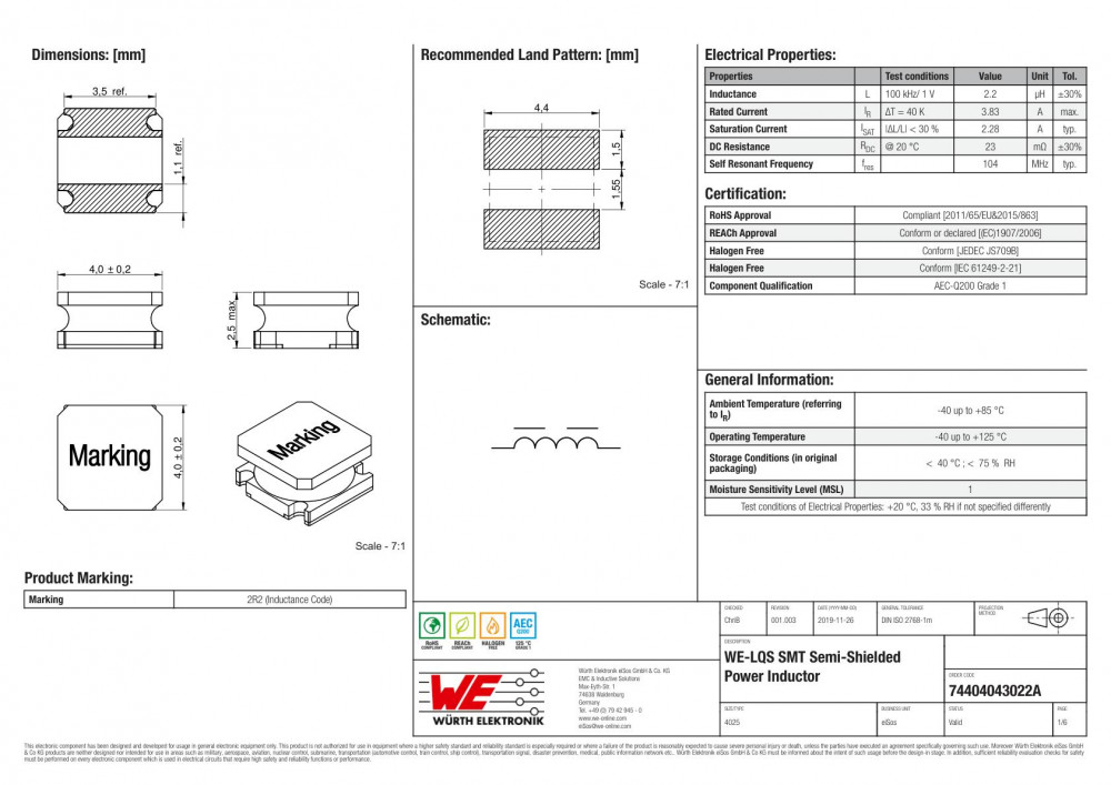 74404043022A datasheet page 1: dimensions and electrical properties