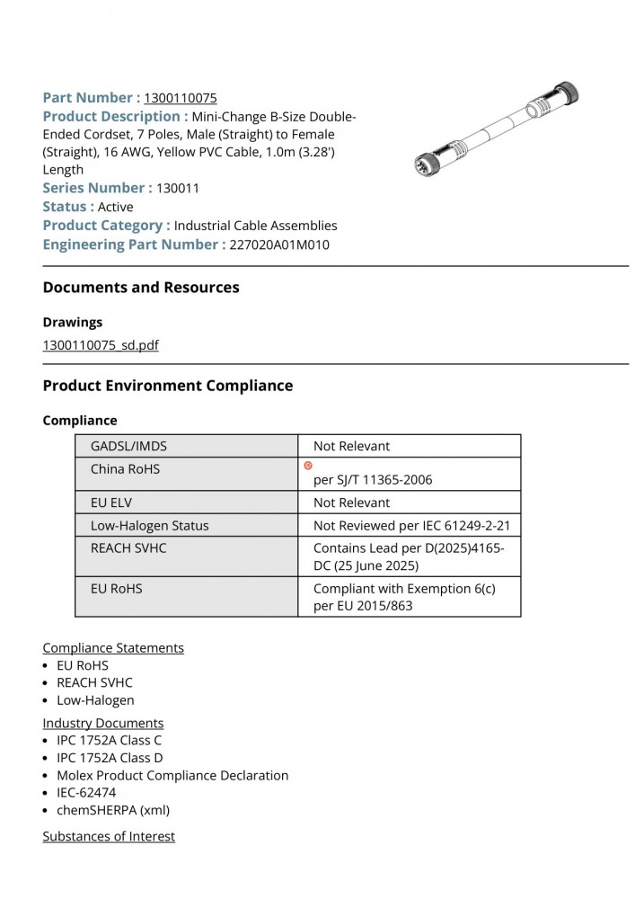 MOLEX 1300110075 technical drawing, page 1
