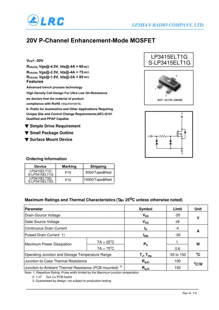 LP3415ELT1G datasheet page 1