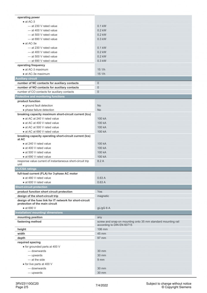 3RV23110GC20 technical document page 2