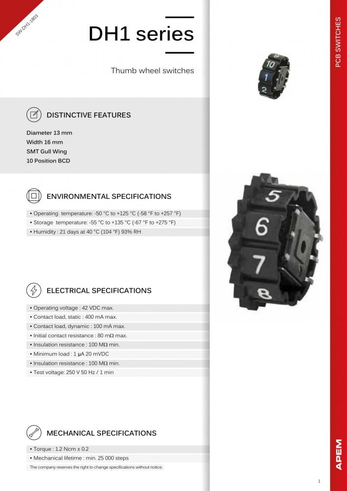 APEM DH1 series technical document page 1