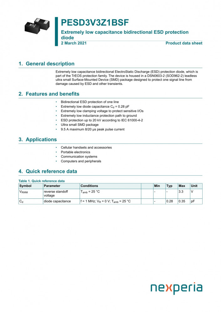 PESD3V3Z1BSF datasheet page 1