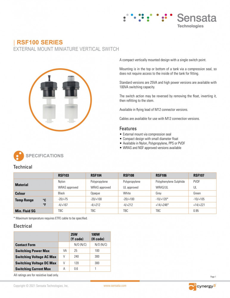 RSF100 series product documentation page 1