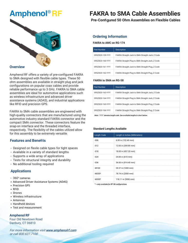 Amphenol RF FAKRA to SMA cable assembly technical document