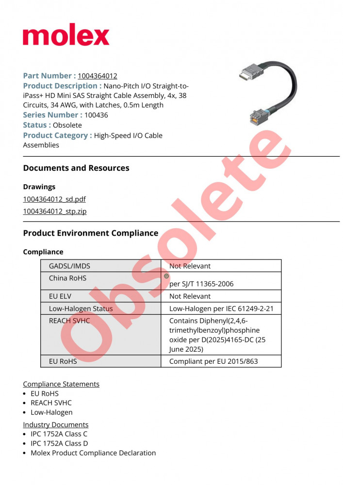 Product document image 1 for MOLEX 1004364012