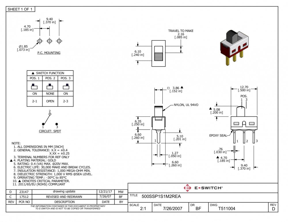 E-Switch 500SSP1S1M2REA technical drawing and specifications