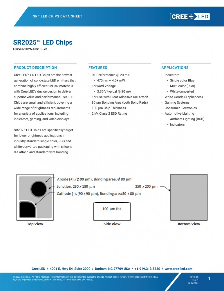 Cree LED SR2025 datasheet page 1