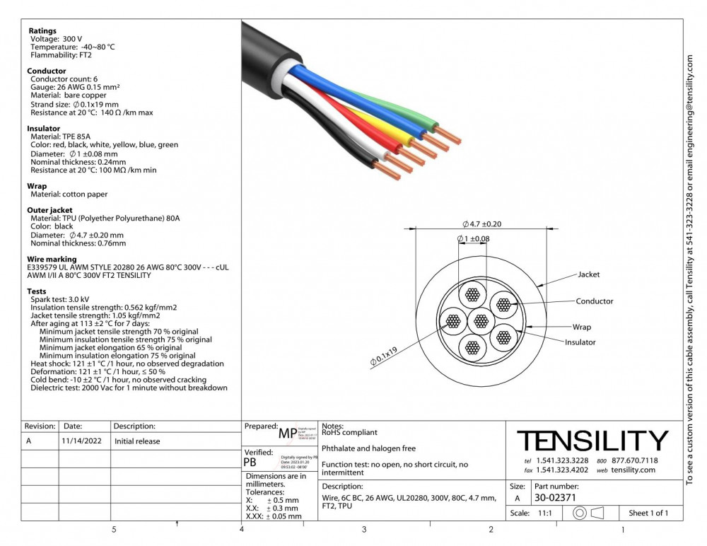 Tensility International 30-02371 cable specification drawing