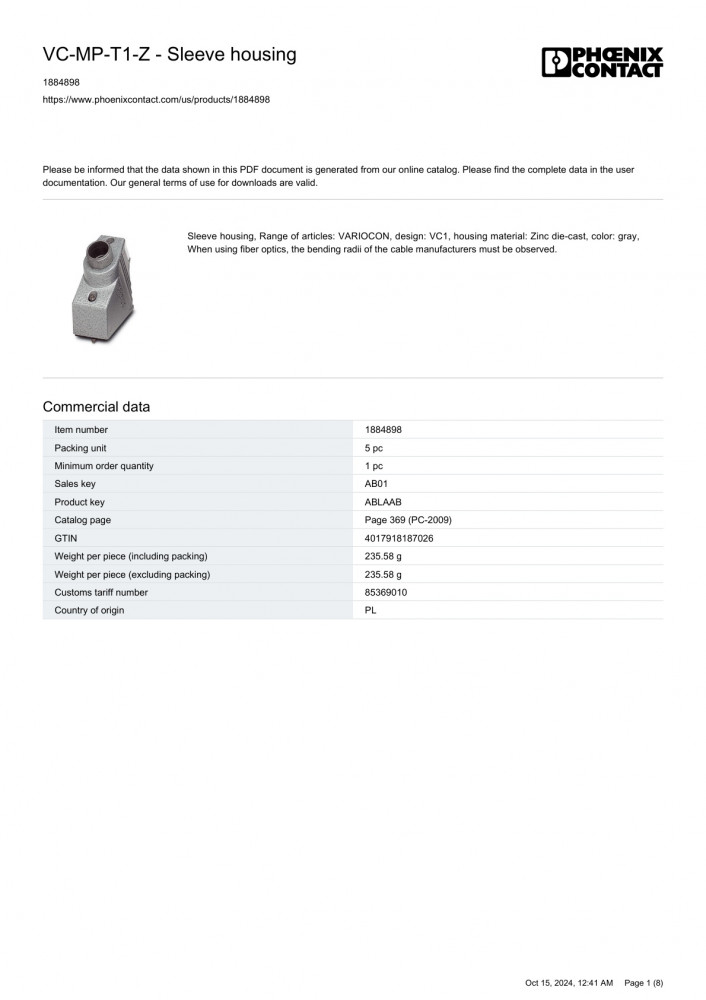 Phoenix Contact 1884898 product documentation page 1