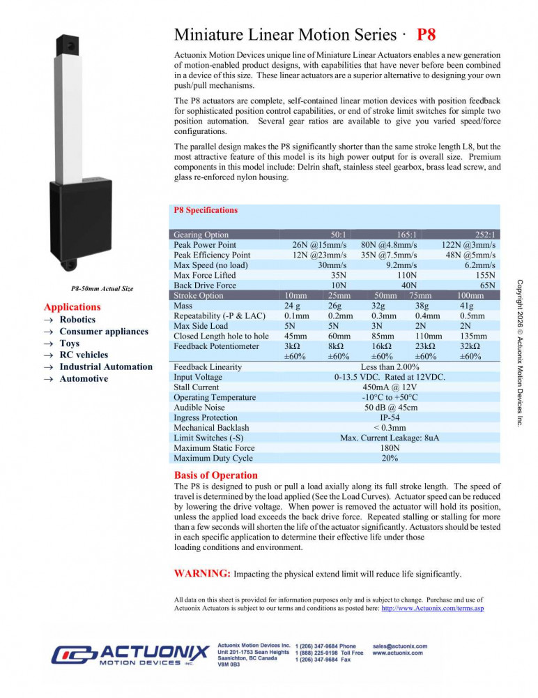Actuonix P8 miniature linear actuator technical document, page 1