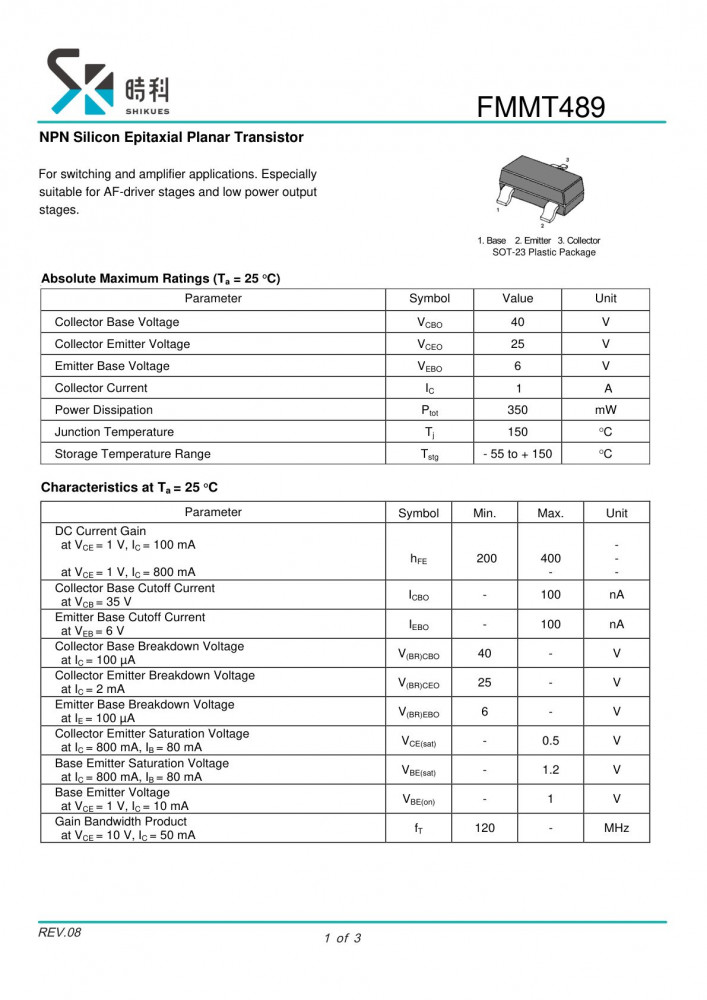 FMMT489 datasheet page 1