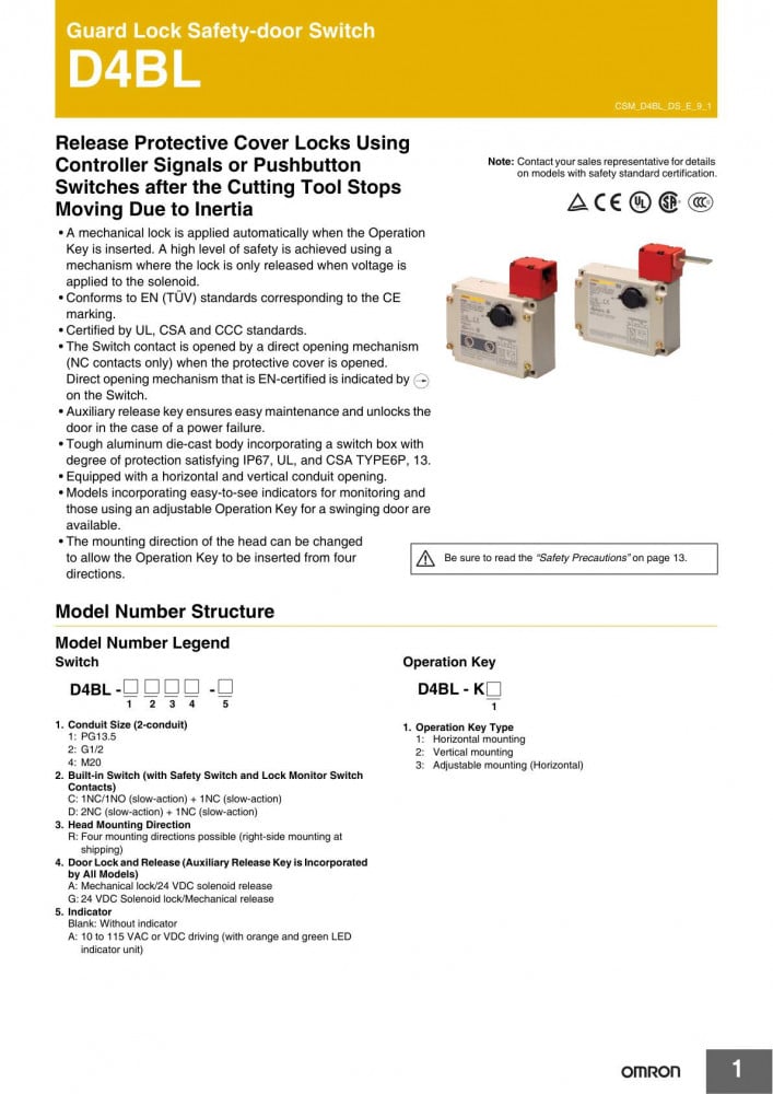 OMRON D4BL datasheet page 1