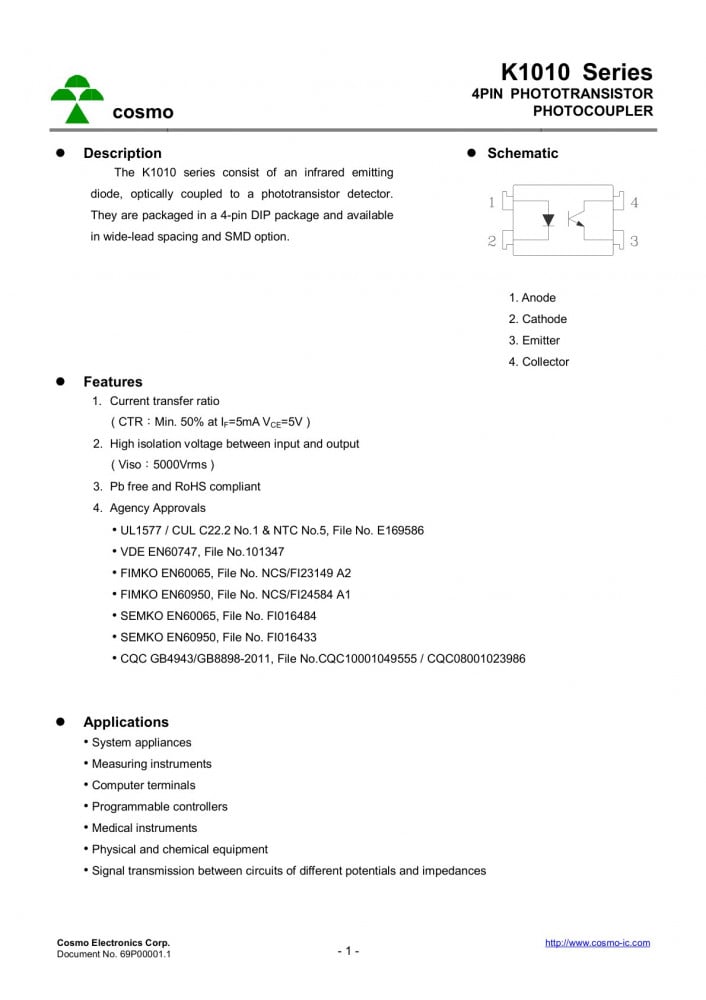 Cosmo K1010 datasheet page 1