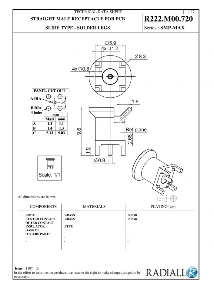 Radiall R222M00720 technical document, page 1