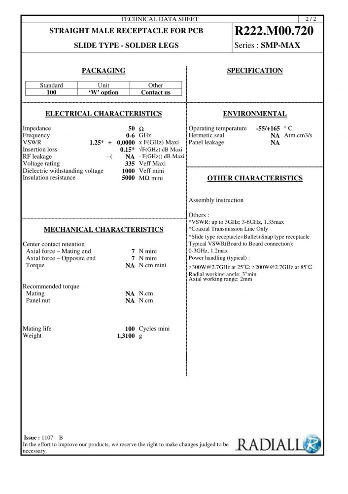 Radiall R222M00720 technical document, page 2