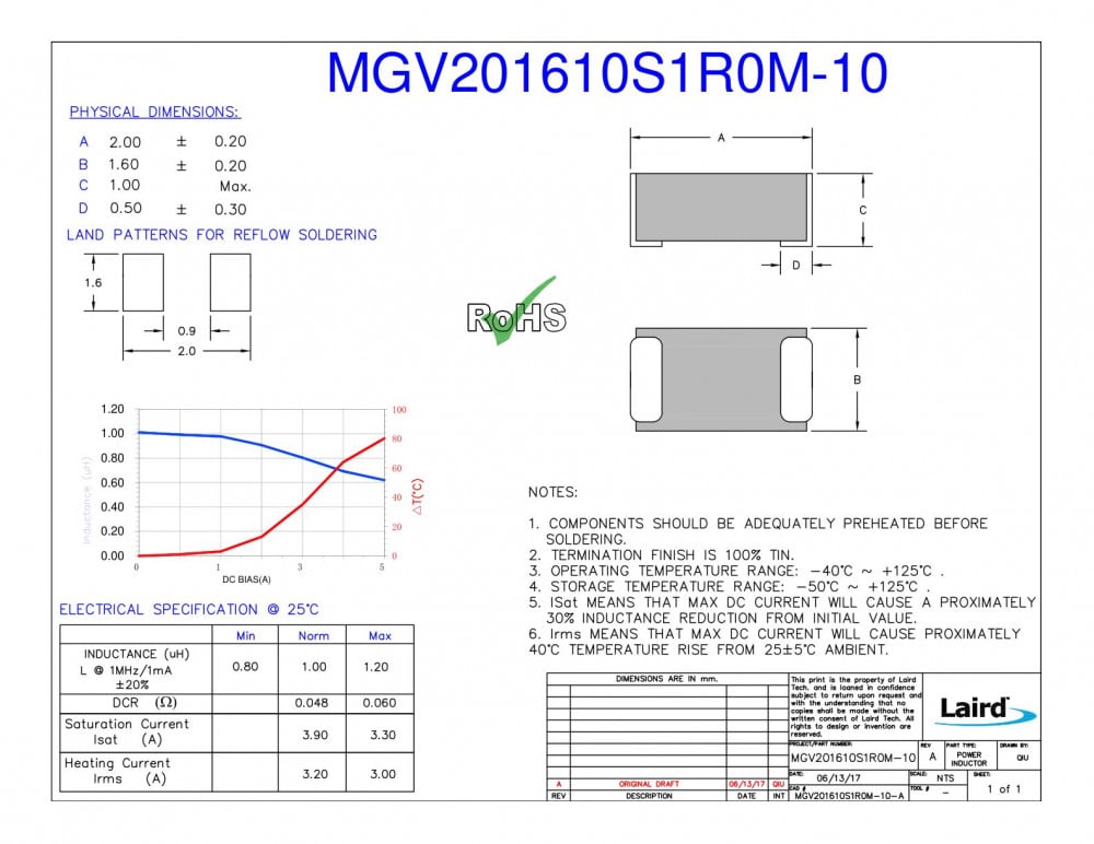 MGV201610S1R0M-10 Laird technical drawing