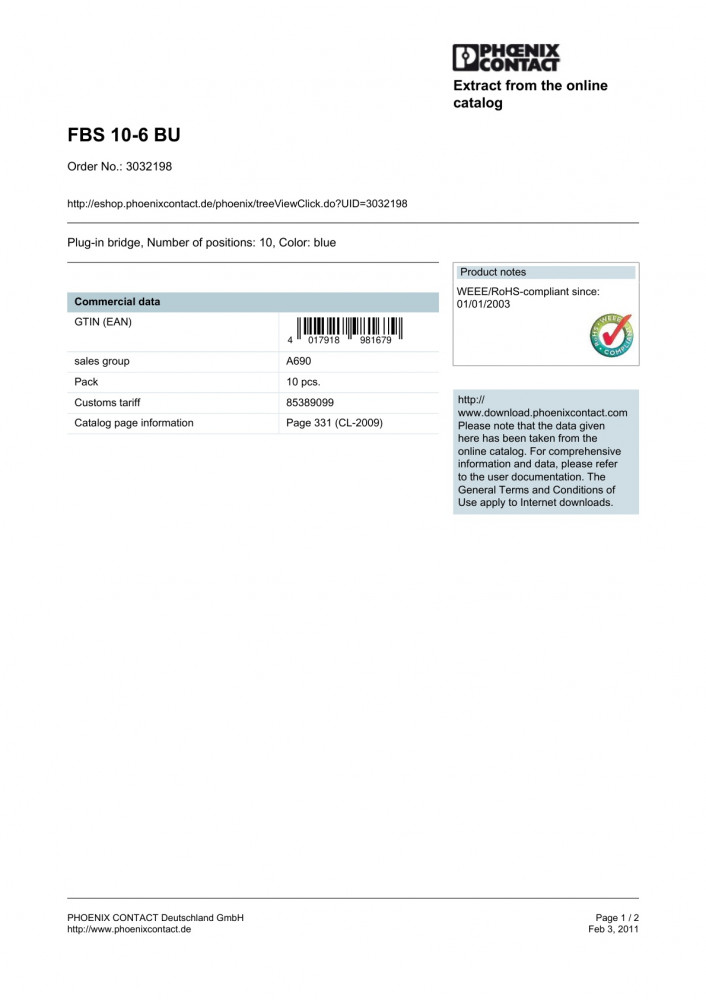 Phoenix Contact FBS 10-6 BU product document page 1