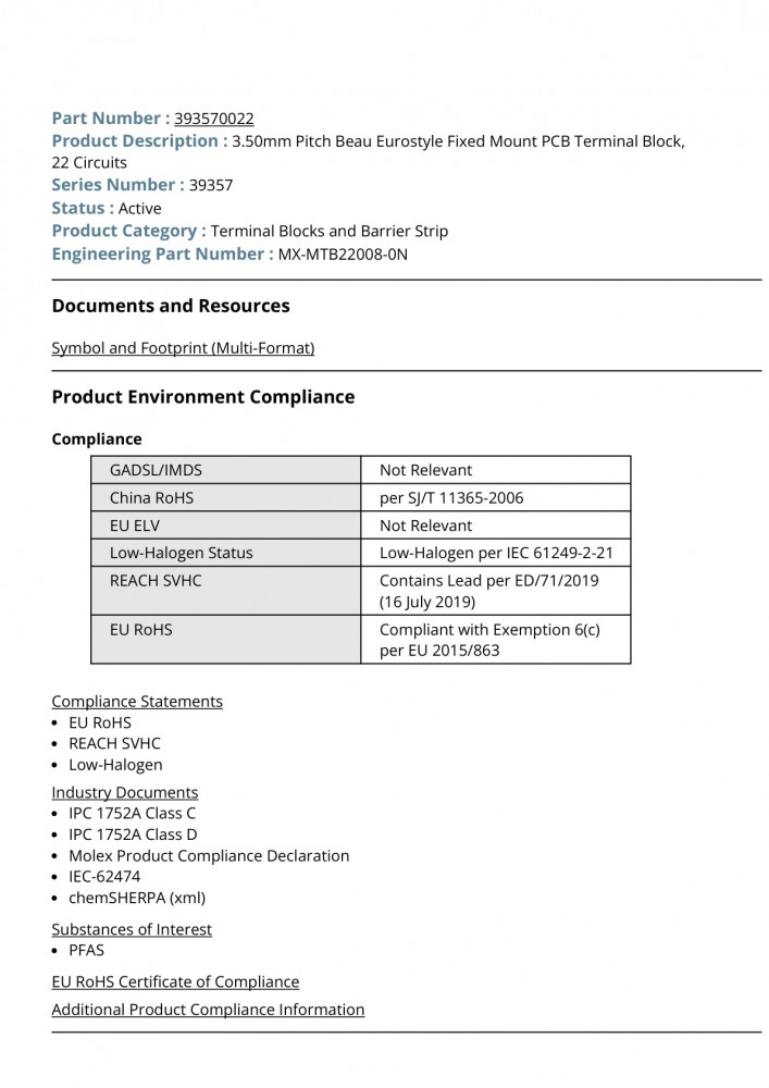 MOLEX 393570022 technical document page 1