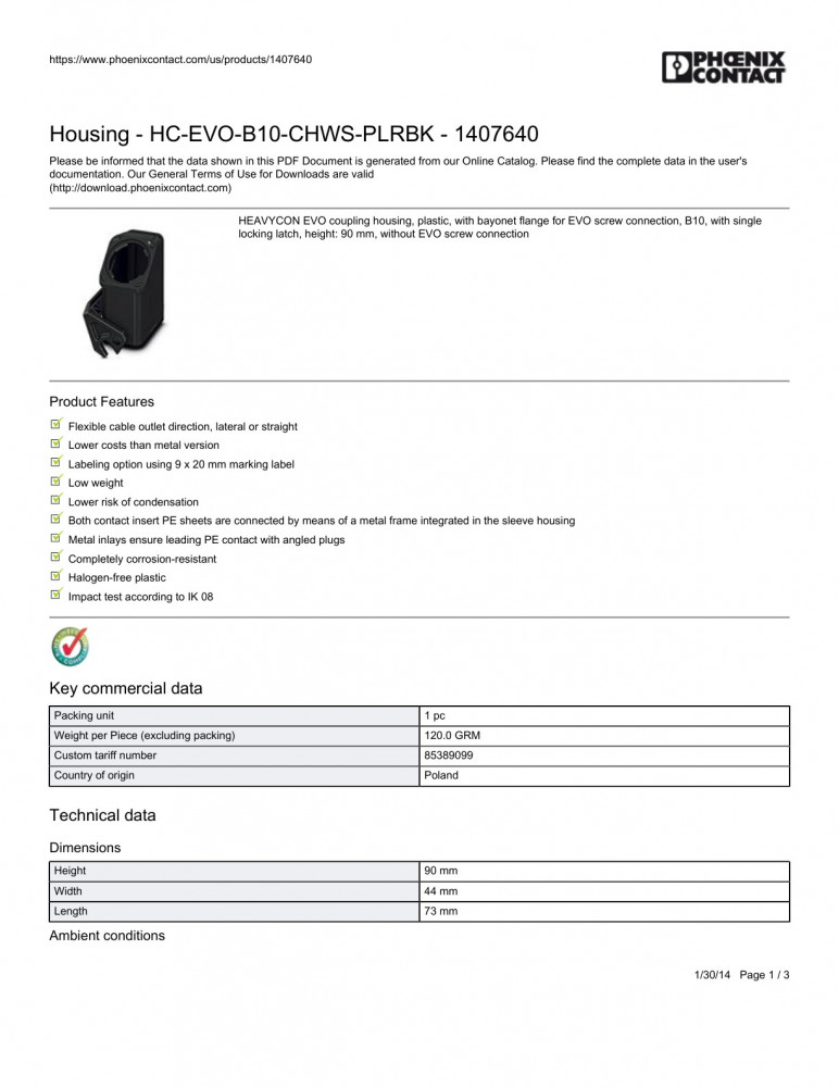 Phoenix Contact 1407640 product data page