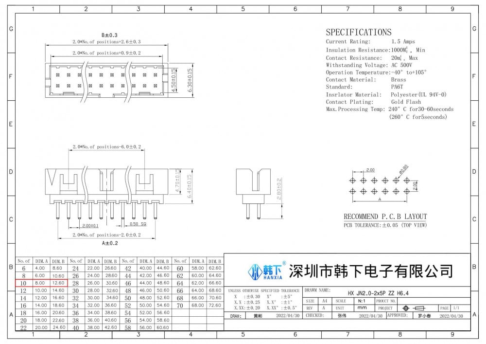 HANXIA HX JN2.0-2x5P ZZ H6.4 product drawing