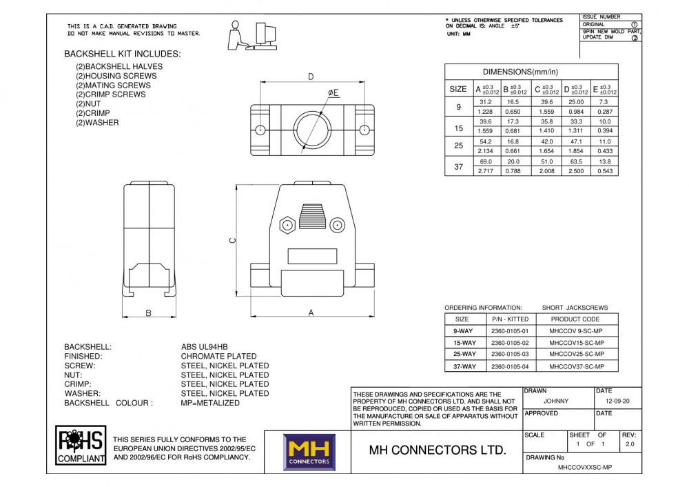 MH CONNECTORS MHCCOV backshell drawing