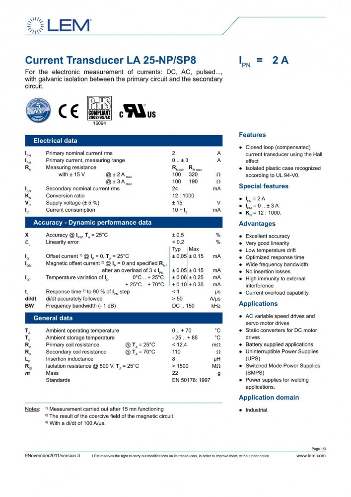 LEM LA 25-NP/SP8 datasheet page 1