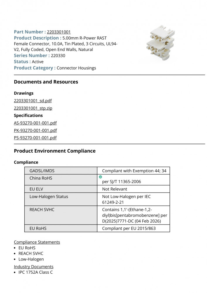 MOLEX 2203301001 technical document preview, page 1