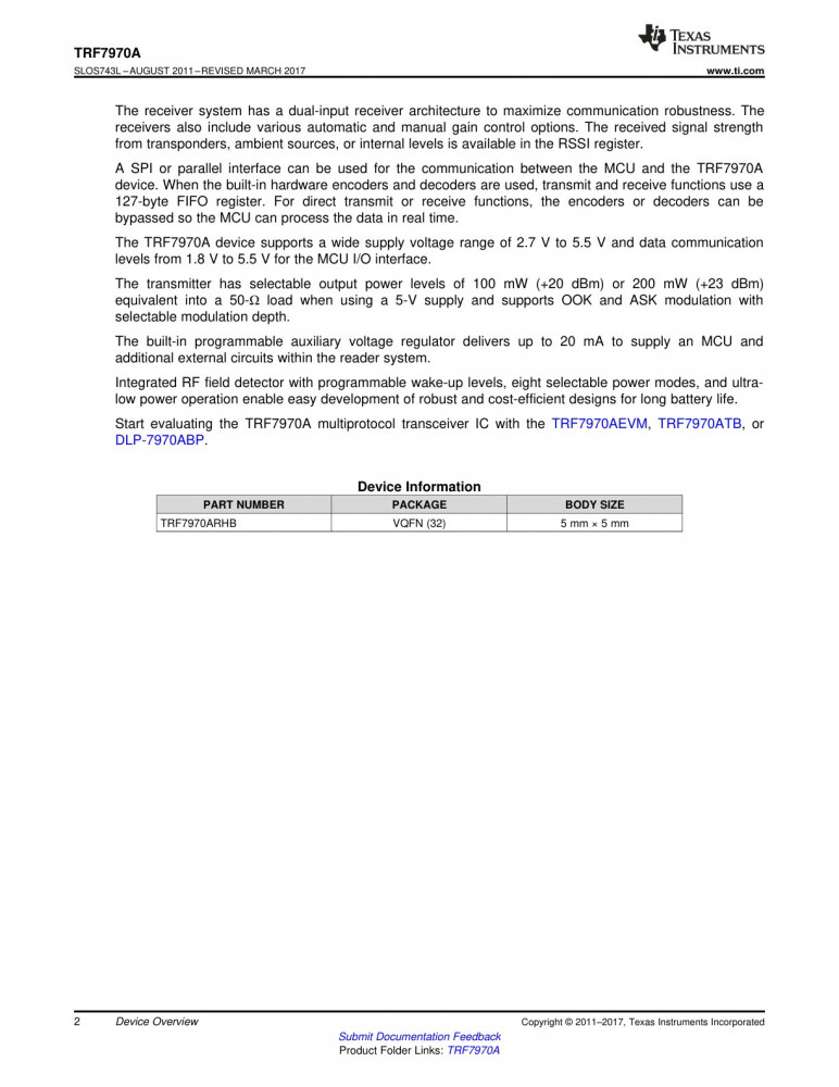 TRF7970A technical document preview, page 2