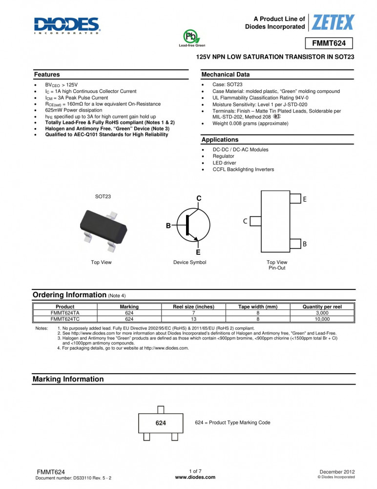 FMMT624TA datasheet page 1