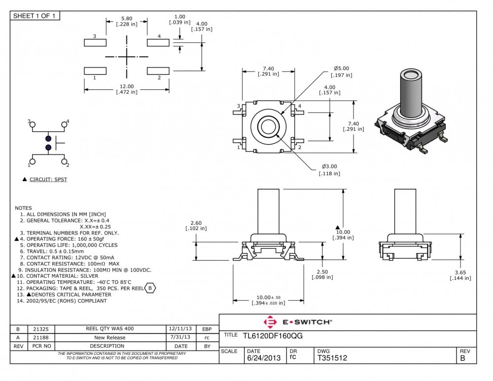 E-Switch TL6120DF160QG technical drawing