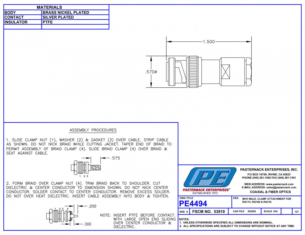 PASTERNACK PE4494 technical drawing and assembly procedure